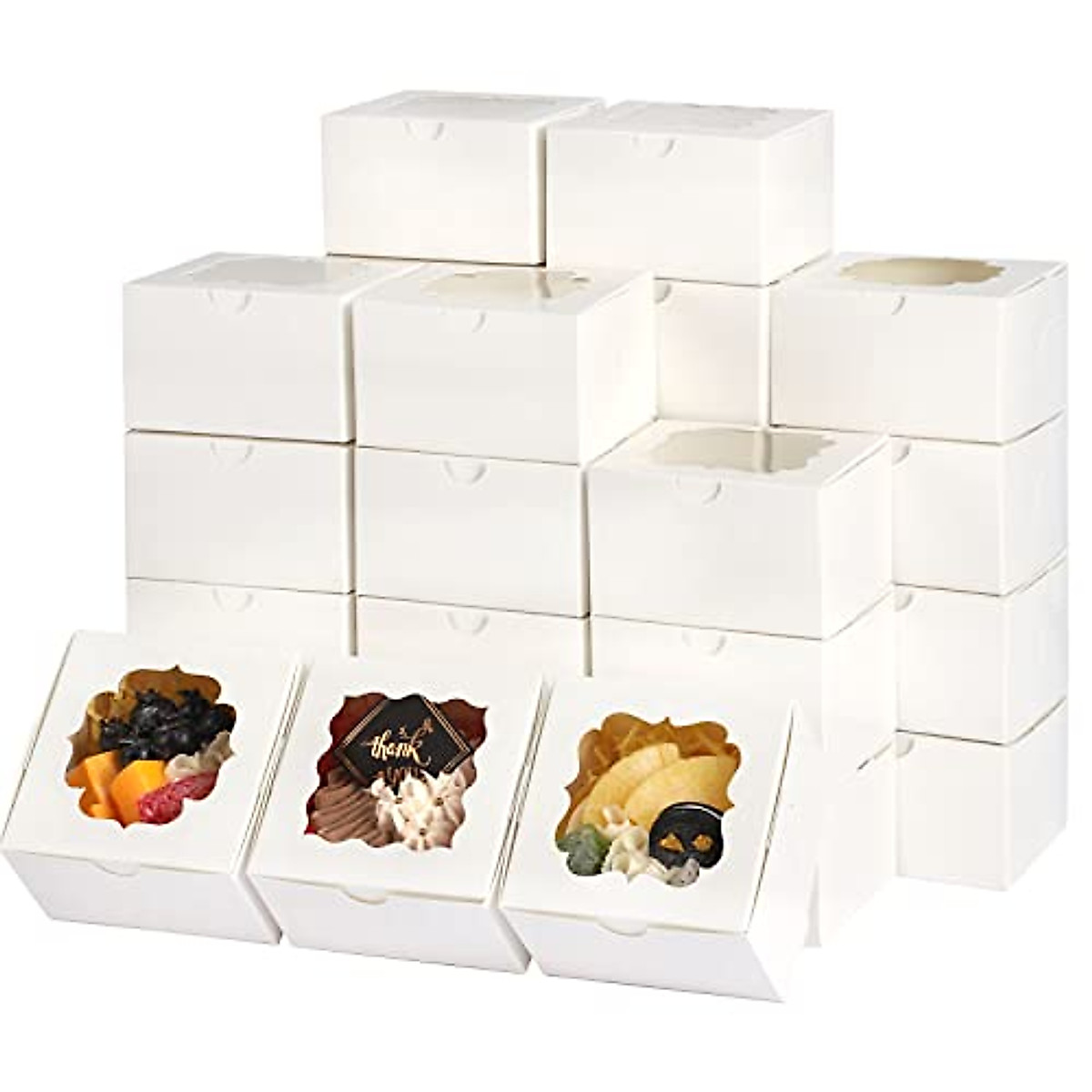 TOMNK 150pcs 4 Inch White Bakery Boxes Small Treat Boxes Cookie Boxes with 3 Style Windows Pastry Boxes Mini Dessert Boxes for Chocolate Strawberries Donuts and Party Favor 4x4x2.5 Inch