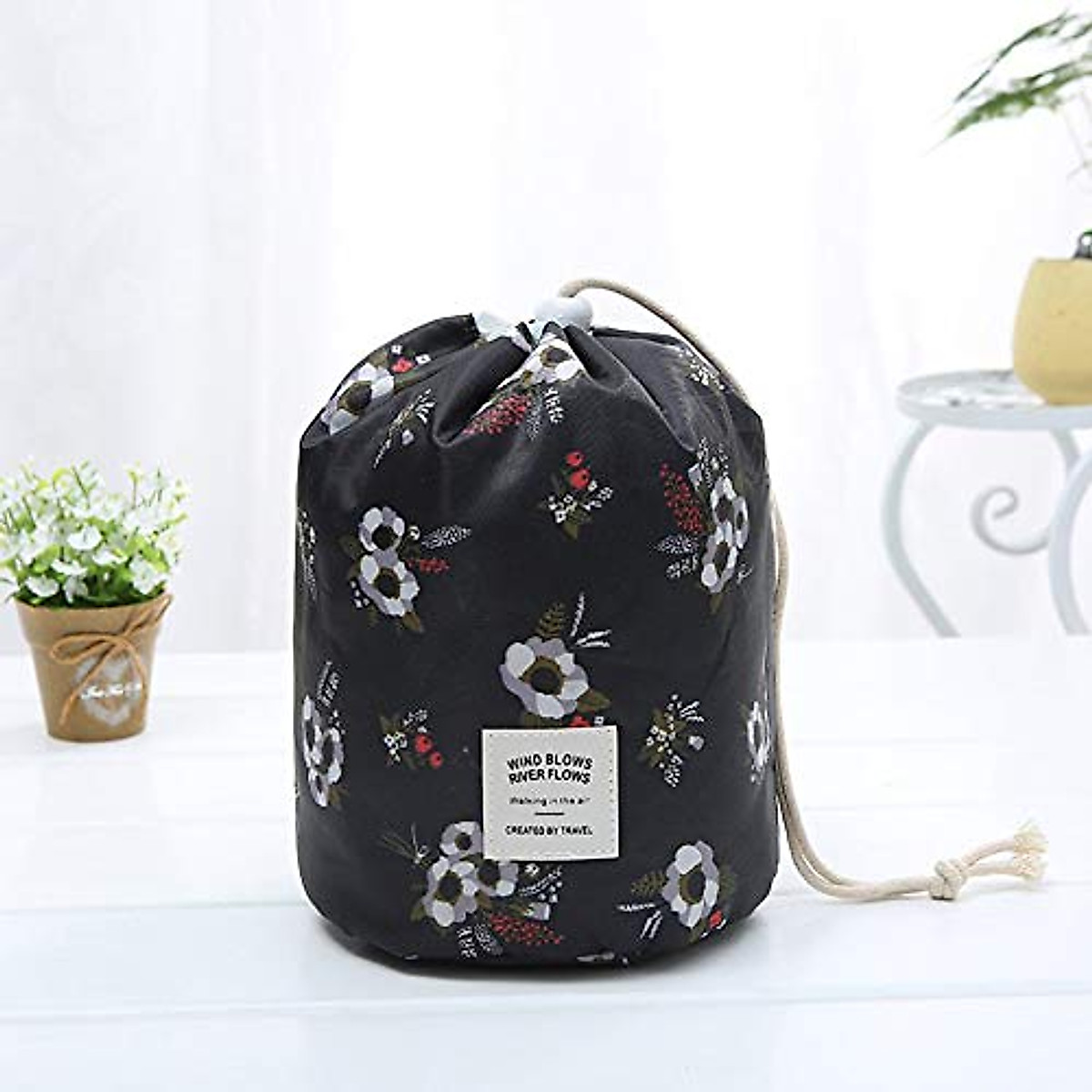 UpOne Barrel Makeup Bags, Travel Large Capacity Waterproof Portable Fashion Drawstring Cosmetic Toiletry Bag(Bag Only), Pack of 2 (Flower + Cactus)