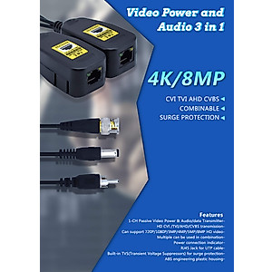 5 Pairs 8MP/4K Passive HD BNC Video Power Audio Balun Transceiver Transmitter Via UTP RJ45 Cable AHD/TVI/CVI/CVBS Cable Connectors for 720P/960P/1080P/3MP/5MP/8MP CCTV Security Cameras