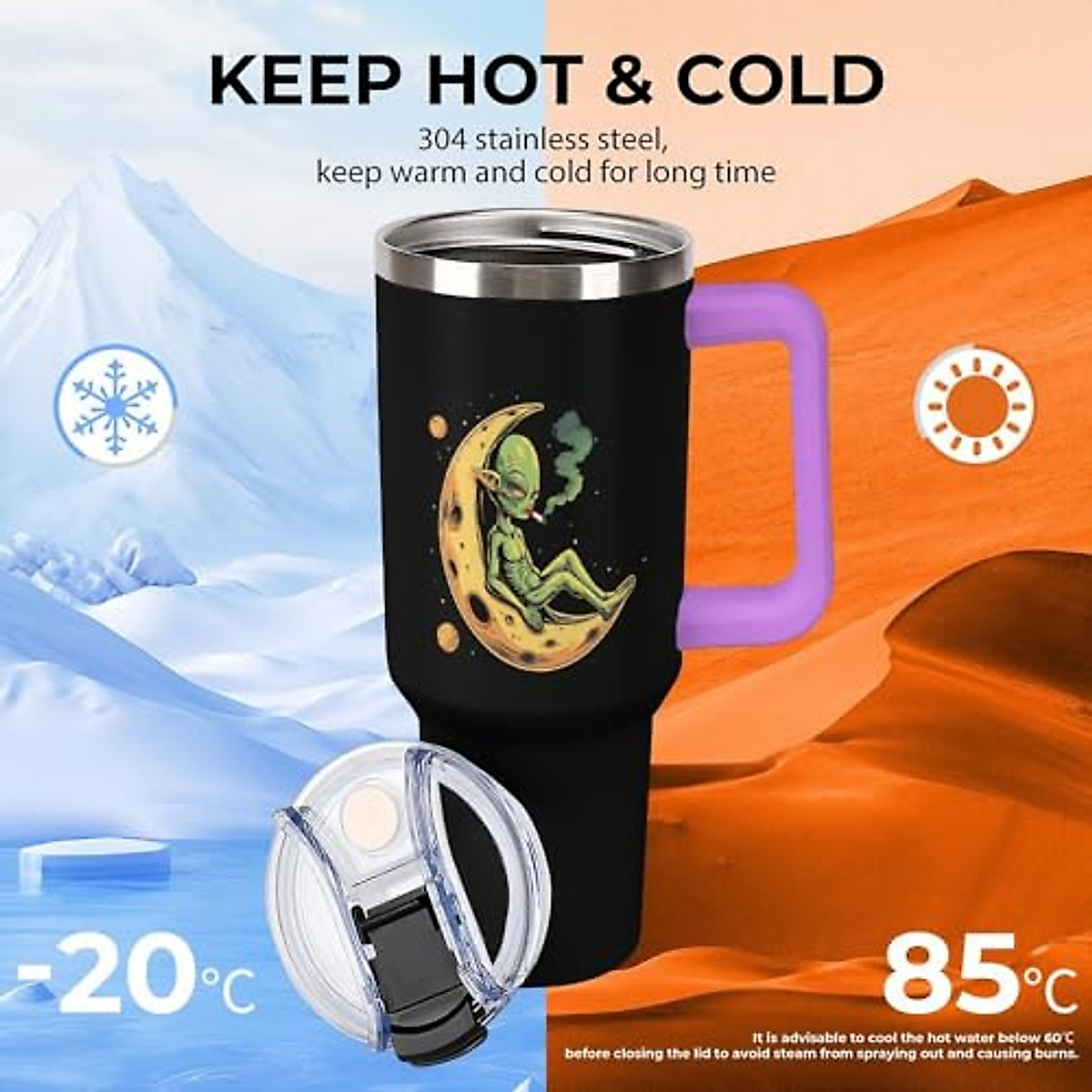 Space Weed Smoking Moon Alien 40 Oz Car Cup Stainless Steel Travel Mug Leak-Proof Insulated Tumbler with Handle Violet-style