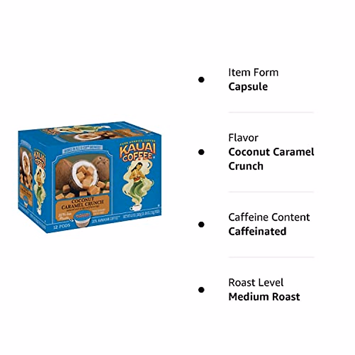 Kauai Coffee Coconut Caramel Crunch Medium Roast- Compatible with Keurig Pods K-Cup Brewers (1 Pack of 12 Single-Serve Cups)