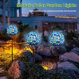 VCUTEKA Solar Outdoor Lights Garden Decor Mosaic Solar Garden Lights Waterproof Glass Ball LED Pathway Stake Light for Landscape Lawn Patio Yard Decoration 6 inch, Blue