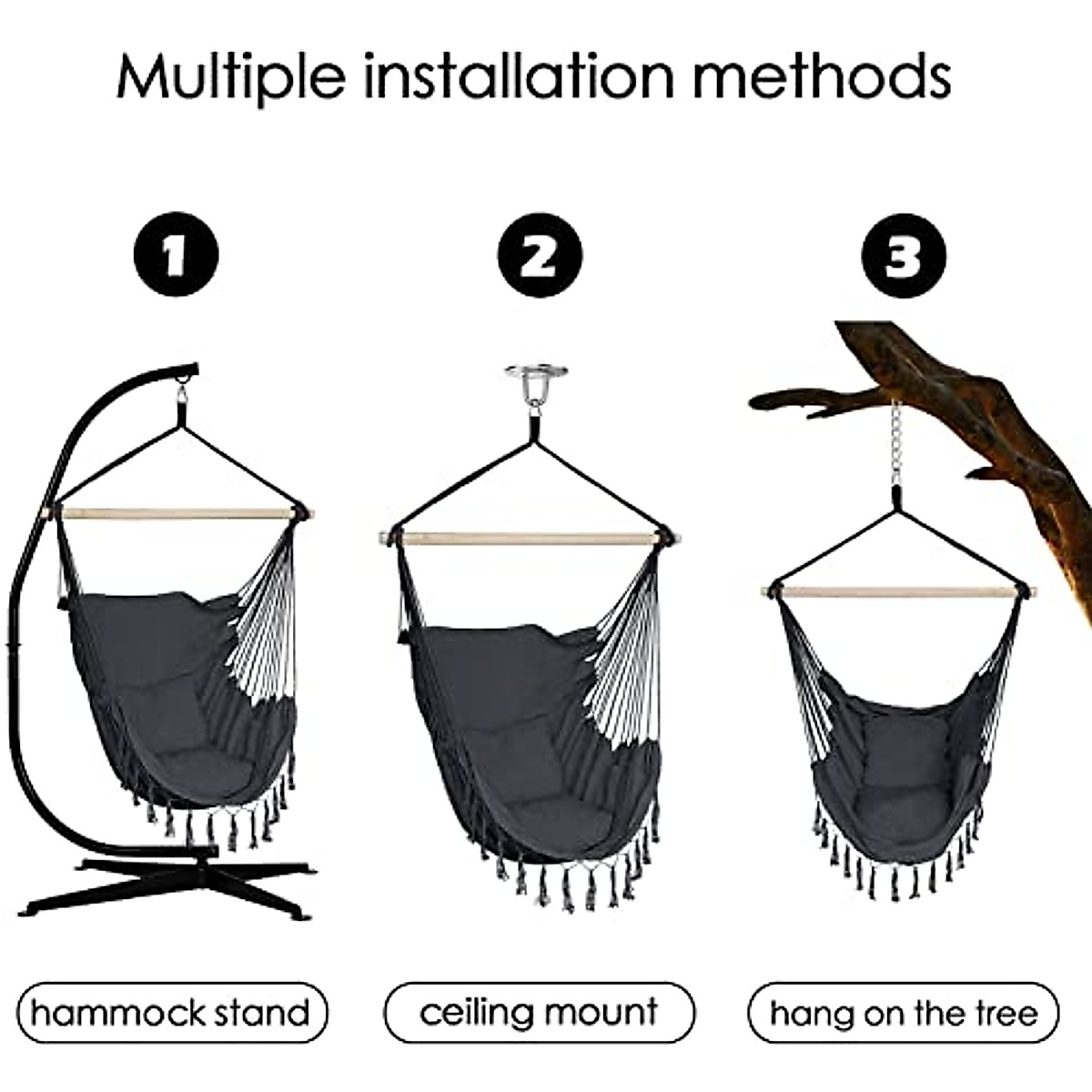 HFKJ Hammock Chair Hanging Rope Swing Chair with 2 Seat Cushions & Installation Kit, Max 330 Lbs, Handmade Macrame Hanging Chair for Bedroom Patio Yard Garden, Dark Grey