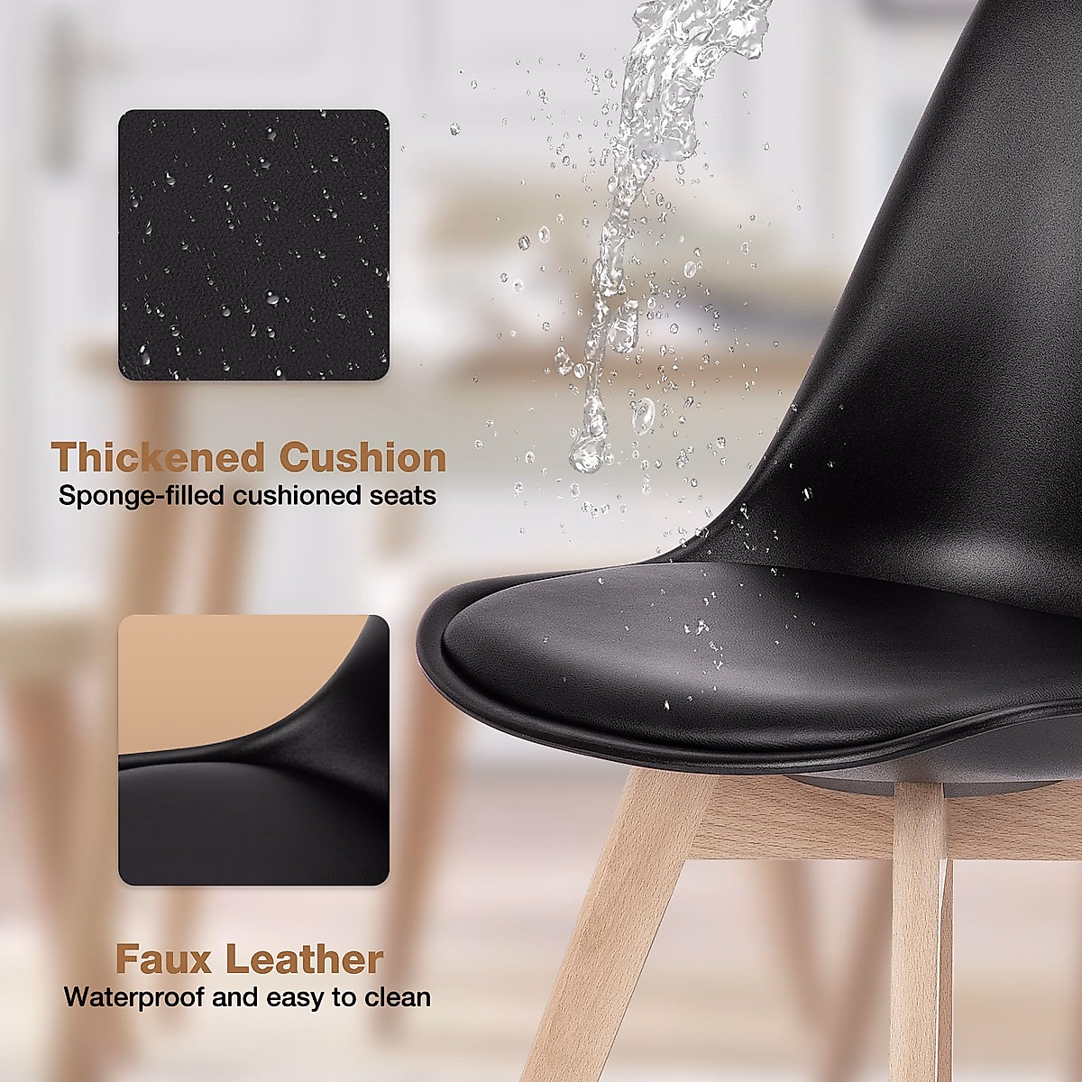 Sweetrcrispy Dining Chairs, Dining Chairs Set of 4, Dining Room Chairs, Kitchen Chairs, Mid Century Modern Chairs, PU Leather Upholstered Chairs with Wood Legs, Kitchen & Dining Room Chairs, Black