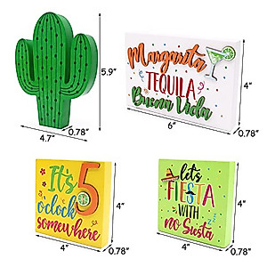 Kitticcino Fiesta Party Decorations Mexican Party Decorations Cinco de Mayo Decors Taco Party Table Decors Cocktail Bar Wooden Signs Summertime Margarita Drink Home Kitchen Shelf Sitting Set of 4