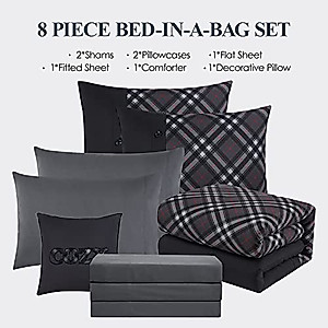 WRENSONGE Plaid King Comforter Set, 8 Pieces Grey Printed and Spliced Plaid Herringbone Bedding Set, Microfiber Soft Farmhouse Comforter Set with Decor Pillow, Lightweight Breathable for All Seasons