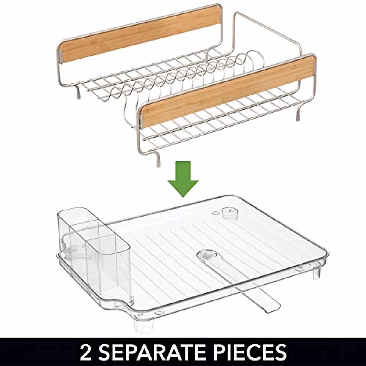mDesign Large Kitchen Countertop, Sink Dish Drying Rack with Bamboo Wood Accents - Removable Cutlery Tray & Drainboard with Adjustable Swivel Spout - 3 Pieces, BPA Free Cutlery Caddy, Satin/Clear