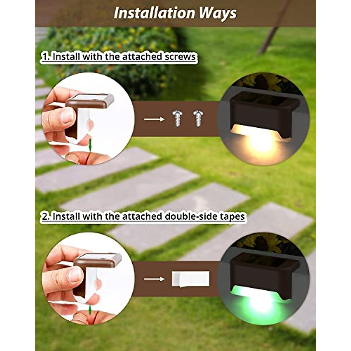 EDDORUNNING Solar Deck Lights Outdoor 8 Pack, Outdoor Lights for Patio Brown Solar Step Lights LED Waterproof Lighting for Outdoor Stair, Deck,Patio,Yard, Fence (Warm White)
