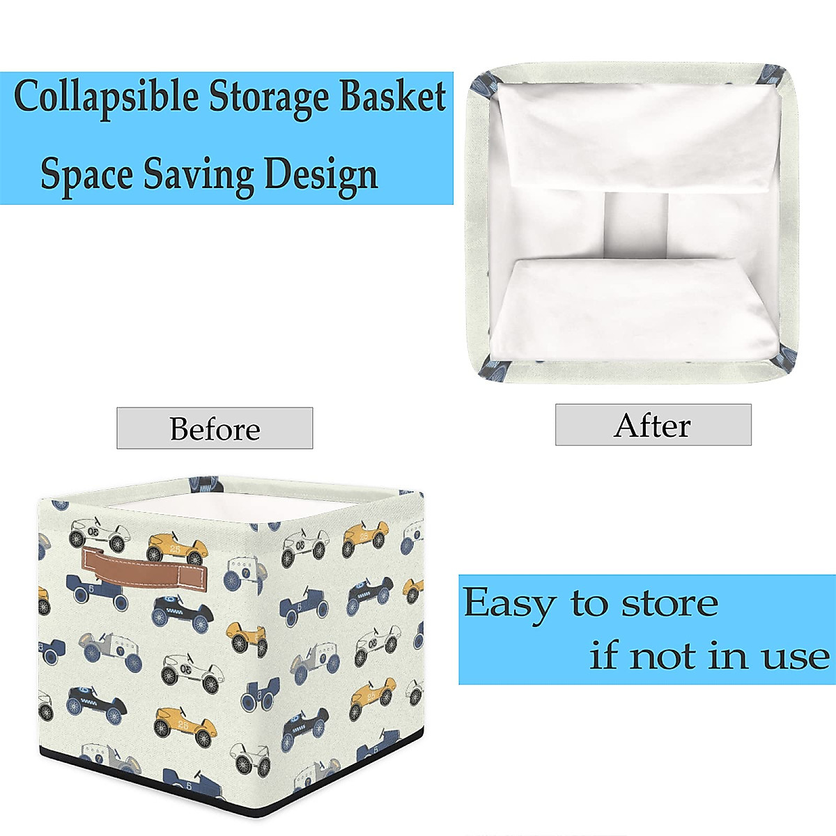 Funky Qiu Storage Cube Bins Cute Race Car Pattern Large Collapsible Storage Basket with Handle Decorative Storage Boxes for Toys Organizer Closet Shelf Nursery Kid Bedroom,13x13x13