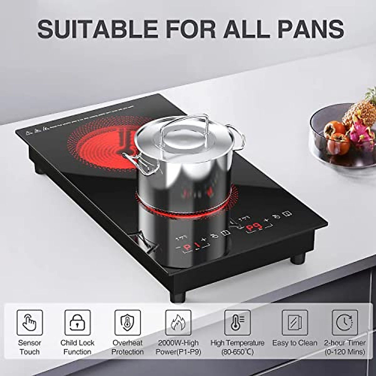 ANHANE Electric Cooktop 2000W Electric Hot Plate Double Burner,110v Portable Electric Stove for Cooking, Infrared Burner Built-in,20 Temperature Ajustement,Compatible for All Cookware