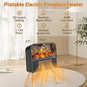 Electric Fireplace Heater, Freestanding Electric Fireplace with Realistic Flame & Solid Wood Stand, Portable Space Heater Fireplace for Indoor Use with 1-12H Timer, 59℉ to 95℉ Thermostat, 1500W
