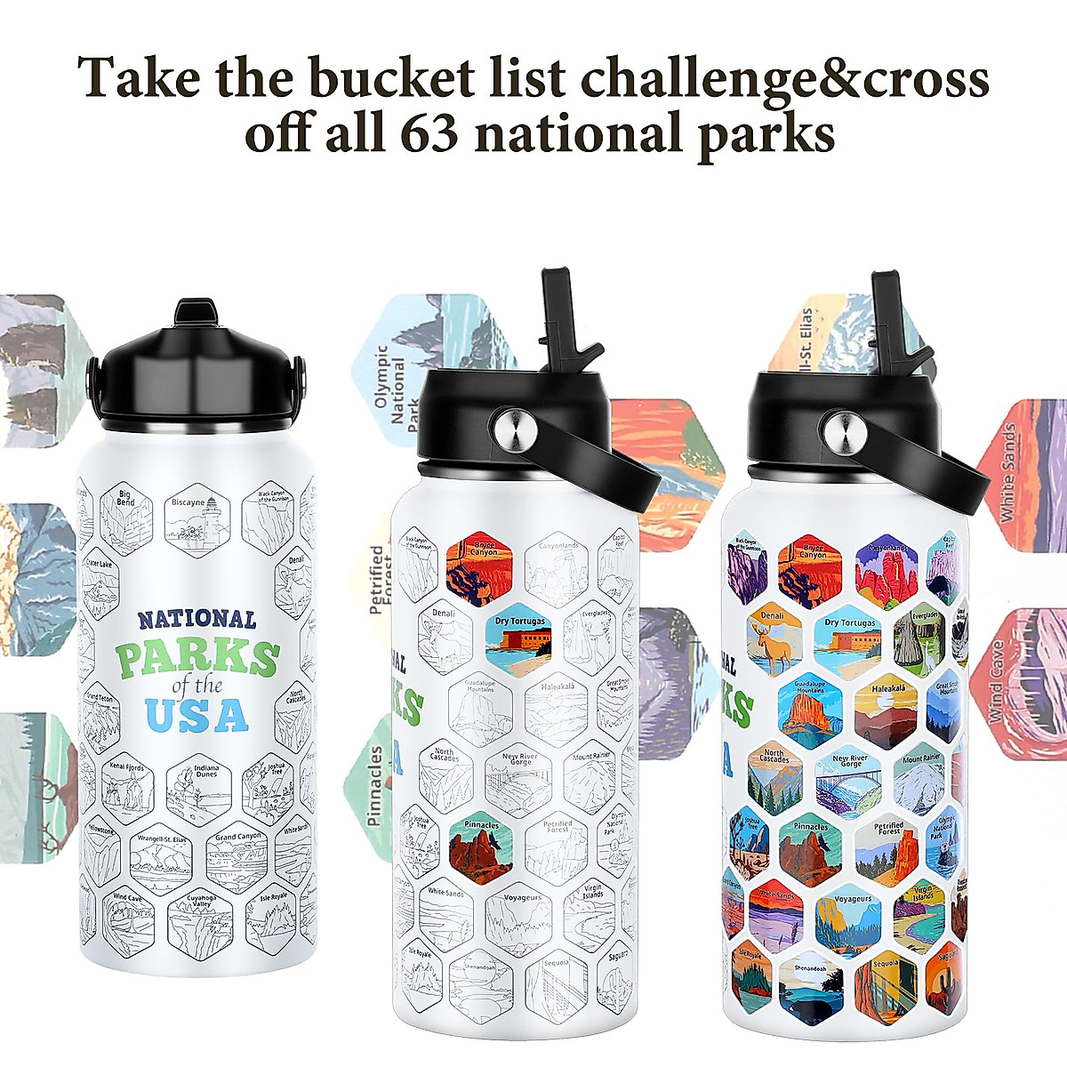 63 National Parks Water Bottle with Water Proof Stickers,32 oz Leak Proof Insulated Stainless Steel Water Bottle with Straw,Perfect for Hiking,Camping&Travel