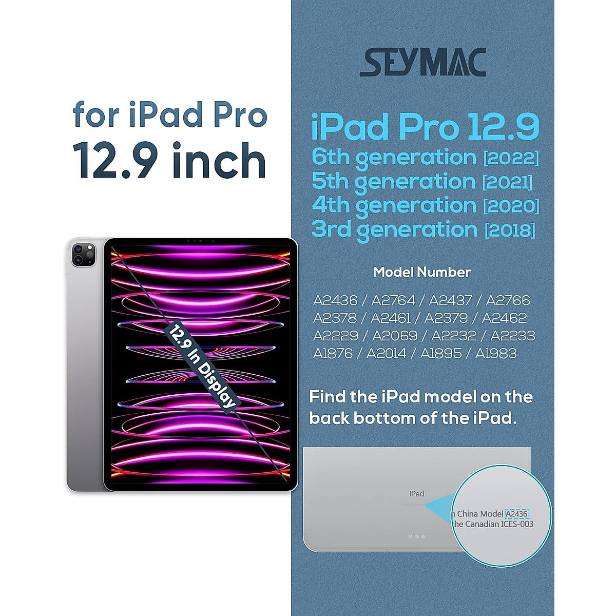 SEYMAC Case for iPad Pro 12.9 Case 2022/2021/ 2020/2018, Heavy Duty Protection Shockproof Case with Screen Protector, 360° Rotating Stand/Handle/Shoulder Strap, Supports Pencil 2 Charging, Black