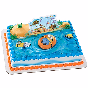 DecoSet® Despicable Me Beach Party Minions Cake Topper, 4-Piece Set with Keepsake Minion Figure, 2 Layon Picks,1 Laydown Image, Create Fun Cakes or Cupcakes, Food Safe