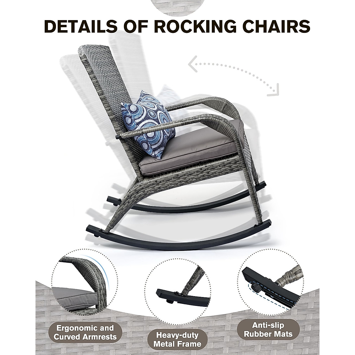 OYODHPDU Outdoor Rocking Chair- Rattan Patio Rocker Chairs with Cushions and Steel Frame- All Weather Outdoor Rocker Chair with 2 Replaceable Cushion Covers (Blue & Grey), 350lbs