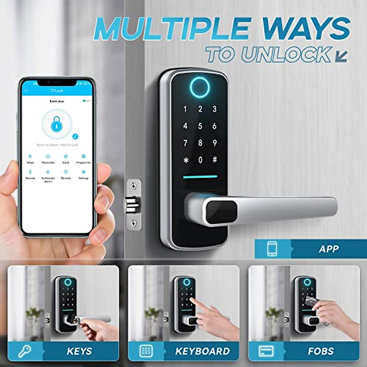 Smart Door Lock, OLUMAT Keyless Entry Door Lock Fingerprint Door Lock with Keypad Digital Door Lock with Handle for Home, Rental, Office and Hotel (Silver)