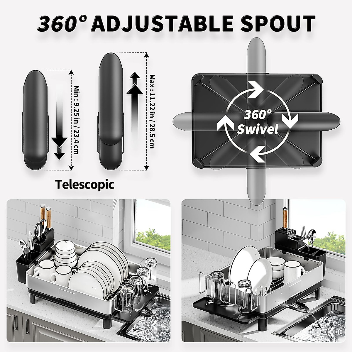 SanDream Dish Drying Rack, Stainless Steel Dish Rack for Kitchen Counter, Dish Drainer for with 360° Rotatable Drain Spout & Utensil Holder, Saving-Space Kitchen Organizer with Cups Holder, Black