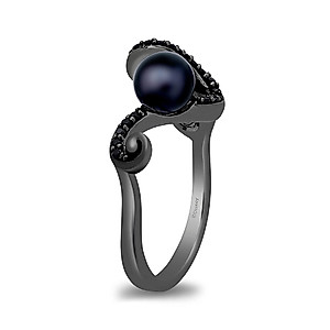 Jewelili Enchanted Disney Fine Jewelry Black Rhodium over Sterling Silver 6.5 MM Black Round Pearl and 1/5 Cttw Treated Black Round Diamond Ursula Ring, Size 8