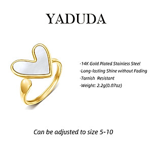 YADUDA Gold Heart Ring Mother Of Pearl Ring Hypoallergenic Lucky Ring 14k Gold Plated Stainless Steel Adjustable Heart Pandent Ring Stackable Dainty Rings Cute Gold Rings for Women