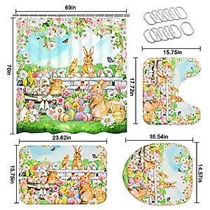 Likiyol 4 Pcs Easter Shower Curtain Sets with Non-Slip Rugs, Toilet Lid Cover and Bath Mat, Bunny Rabbit Shower Curtain with 12 Hooks, Spring Floral Easter Bathroom Set