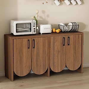 Fluted Buffet Sideboard Cabinet with Storage,Scandinavian 57.9” Storage Cabinet with Adjustable Shelves,Carved Arc Door Design Accent Buffet Cabinet for Living Room Dining Room (Walnut, 4 Door)