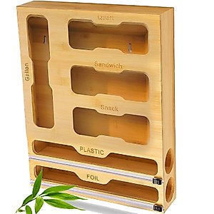 Wall Mount Ziplock Bag + Foil & Plastic Wrap Organizer - Premium Bamboo Organizer for Ziplock Bags, Foil & Plastic Wrap Dispenser | Kitchen Organization & Storage | 12" X 2.125" Standard Rolls only