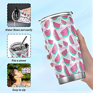 Jihqo Watercolor Striped Watermelon Tumbler with Lid and Straw, Insulated Stainless Steel Tumbler Cup, Double Walled Travel Coffee Mug Thermal Vacuum Cups for Hot & Cold Drinks 12oz