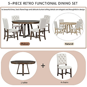 Lifeand 5-Piece Retro Functional Set, Round Table with a 16" w Leaf and 4 Upholstered Chairs for Dining Living Room,Walnut
