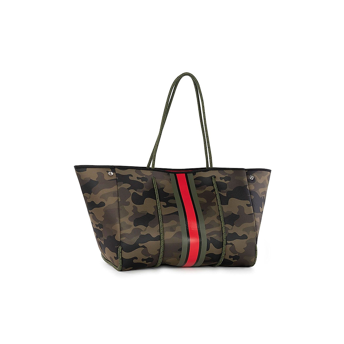 Haute Shore - Greyson Soho Neoprene Tote Bag w/Zipper Wristlet Inside, Green Camo W/Olive, Black, & Red Stripe