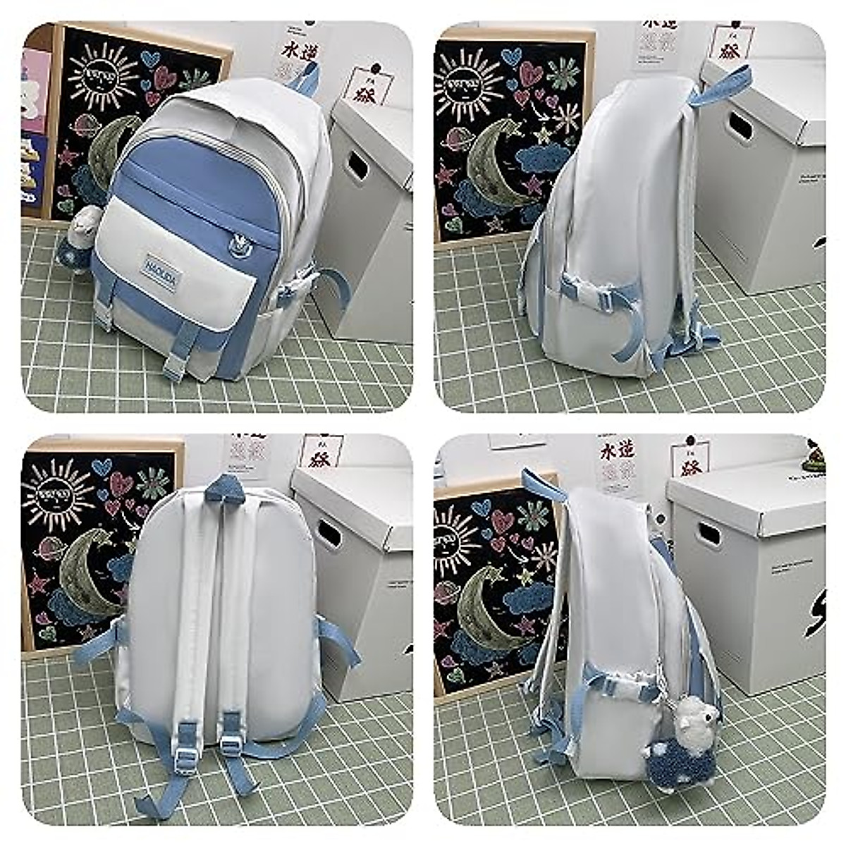 FORJMMP Aesthetic Backpack with Kawaii Accessories, Lightweight Casual Daypack for Women (White+Blue)