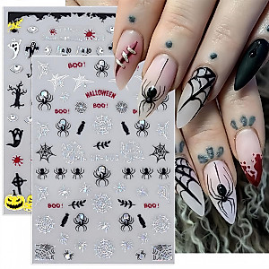 ZTZTST 8 Sheets Halloween Nail Art Stickers Cute Ghost Nail Decals 3D Self-Adhesive Laser Bat Cat Skull Spooky Designs Decals Halloween DIY Manicure Supplies Decorations Nail Charms for Women Girls