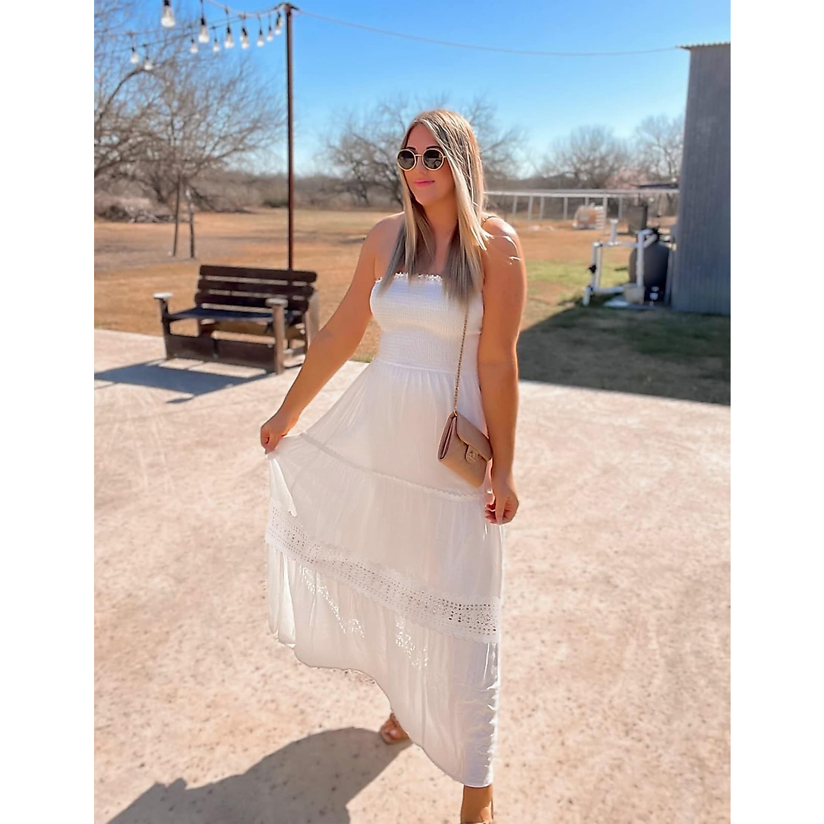 ZESICA Women's 2024 Summer Bohemian Strapless Off Shoulder Lace Trim Backless Flowy A Line Beach Long Maxi Dress,White,Small