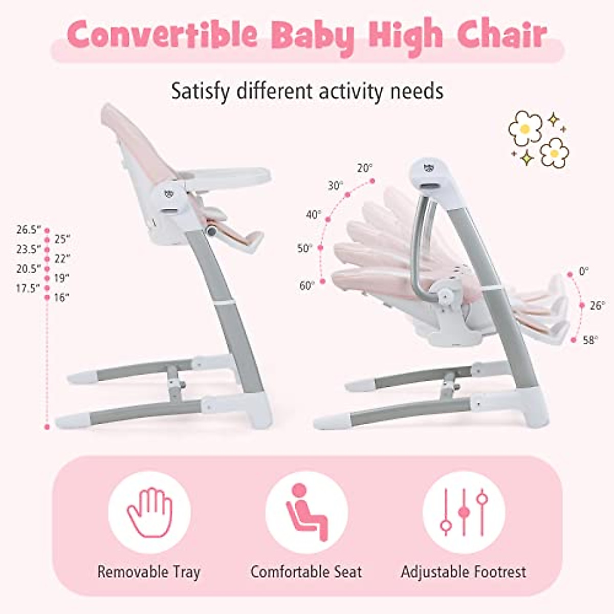 BABY JOY Baby Swings for Infants, 3 in 1 Foldable High Chair w/ 8 Adjustable Height, 5-Position Backrest, 3 Timer Settings, 12 Melodies and 5 Natural Sounds, Booster Seat for Dining Table (Pink)