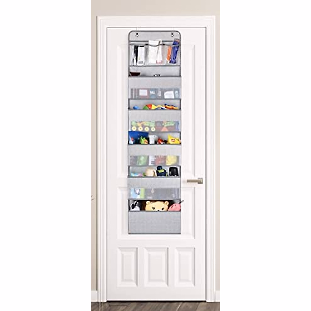 FOXX!E BABY Over the door organizer, Storage 6 Layer Door Hanging Organizer for Closet with 5 Large Pockets, side Pockets and 3 top PVC Pockets Light Grey