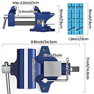 Nuovoware Heavy Duty Bench Vise 4.5 Inch, 240° Swivel Locking Base Bench Clamp with 125mm Vise Jaw, Clamp-on Home Merchanic Vice Desktop Clamp for Woodworking, Drilling, Cutting Conduit -Blue + Blue