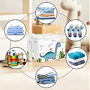 Clastyle Blue Dinosaur Baby Playing Trees Shelf Basket for Kids Room Butterflies Clouds Rectangle Book Toy Clothes Cube Storage Basket, 36L