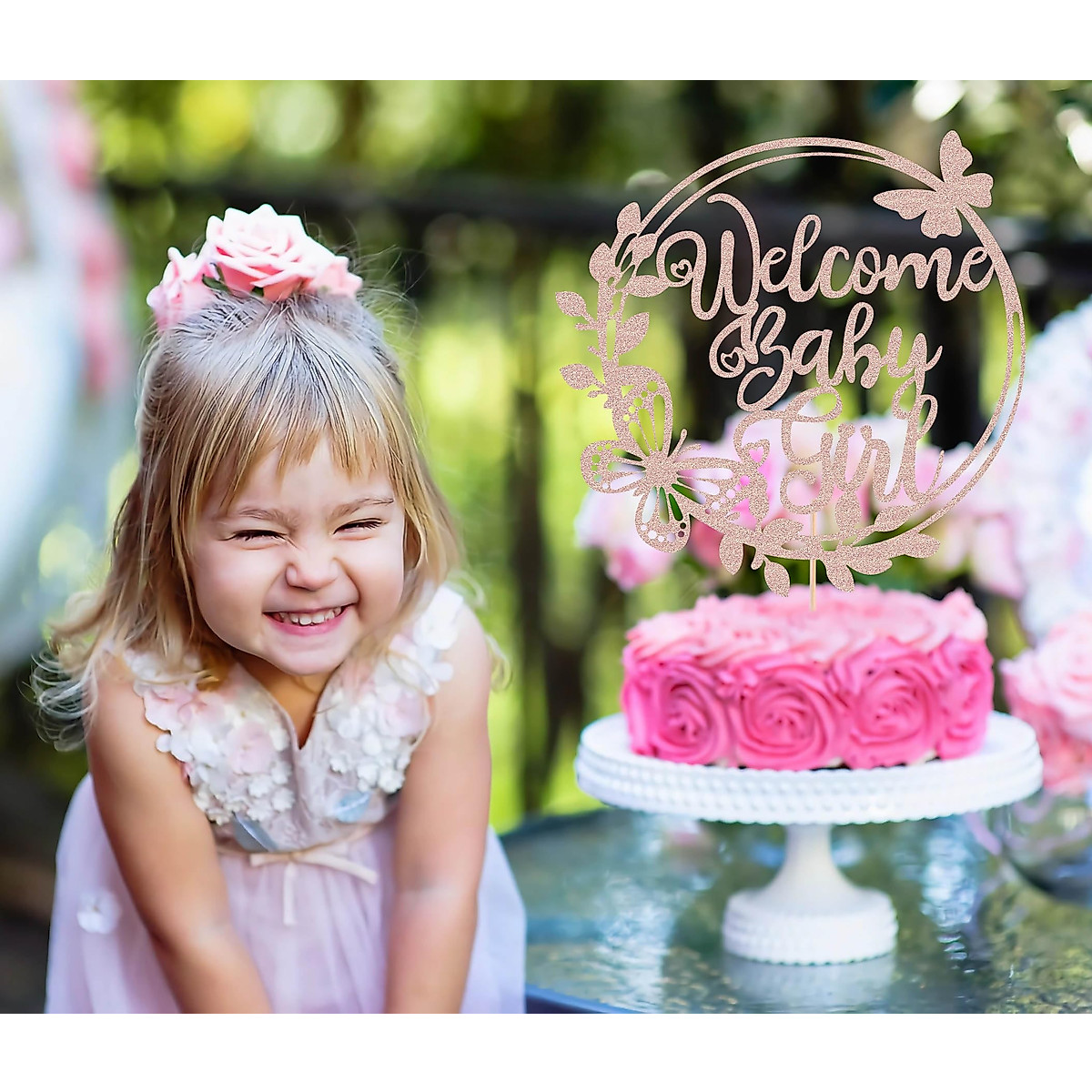 AHAORAY Welcome Baby Girl Cake Topper - Rose Gold Glitter Baby Shower Cake Decorations for Girl, Baby Girl Cake Topper, for Baby Shower/Baby Birthday Party/Baby Gender Reveal Party Photo Booth Props