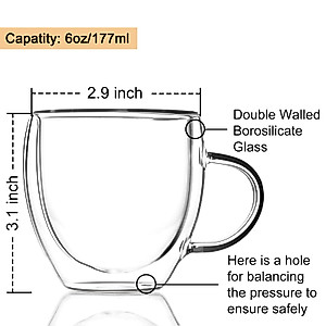 ZONEYILA Double Wall Glass Coffee Mugs Set of 4-6 OZ Insulated Coffee Cups - Clear Glass Drinkware with Handle for Double Espresso, Cappuccino, Latte, Hot/Cold Beverages