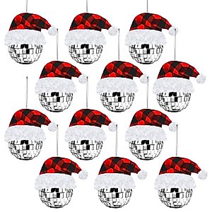 12 Pcs Mini Disco Ball Christmas Ornaments Disco Mirror Ball Tiny Disco Ball Bright Reflective Mirror Christmas Balls for Christmas Disco Party Decoration 1.97'' (Silver,Ball with Plaid Santa Hat)