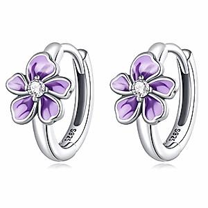 Qings Flower Small Hoop Earrings for Women, S925 Sterling Silver Hypoallergenic Huggie Hoop Earrings Purple Fresh Flower Earrings Jewelry Gifts for Women