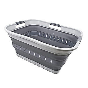 SAMMART 42L (11 gallon) Collapsible Plastic Laundry Basket - Foldable Pop Up Storage Container/Organizer - Portable Washing Tub - Space Saving Hamper/Basket (Grey/Dark Grey)