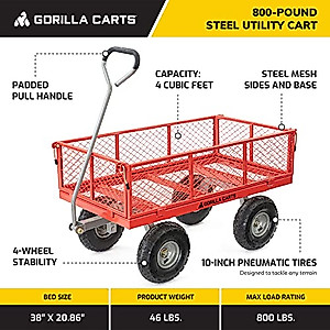 Gorilla Carts 800 Pound Capacity Heavy Duty Steel Mesh Versatile Utility Wagon Cart with Easy Grip Handle for Outdoor Hauling, Red