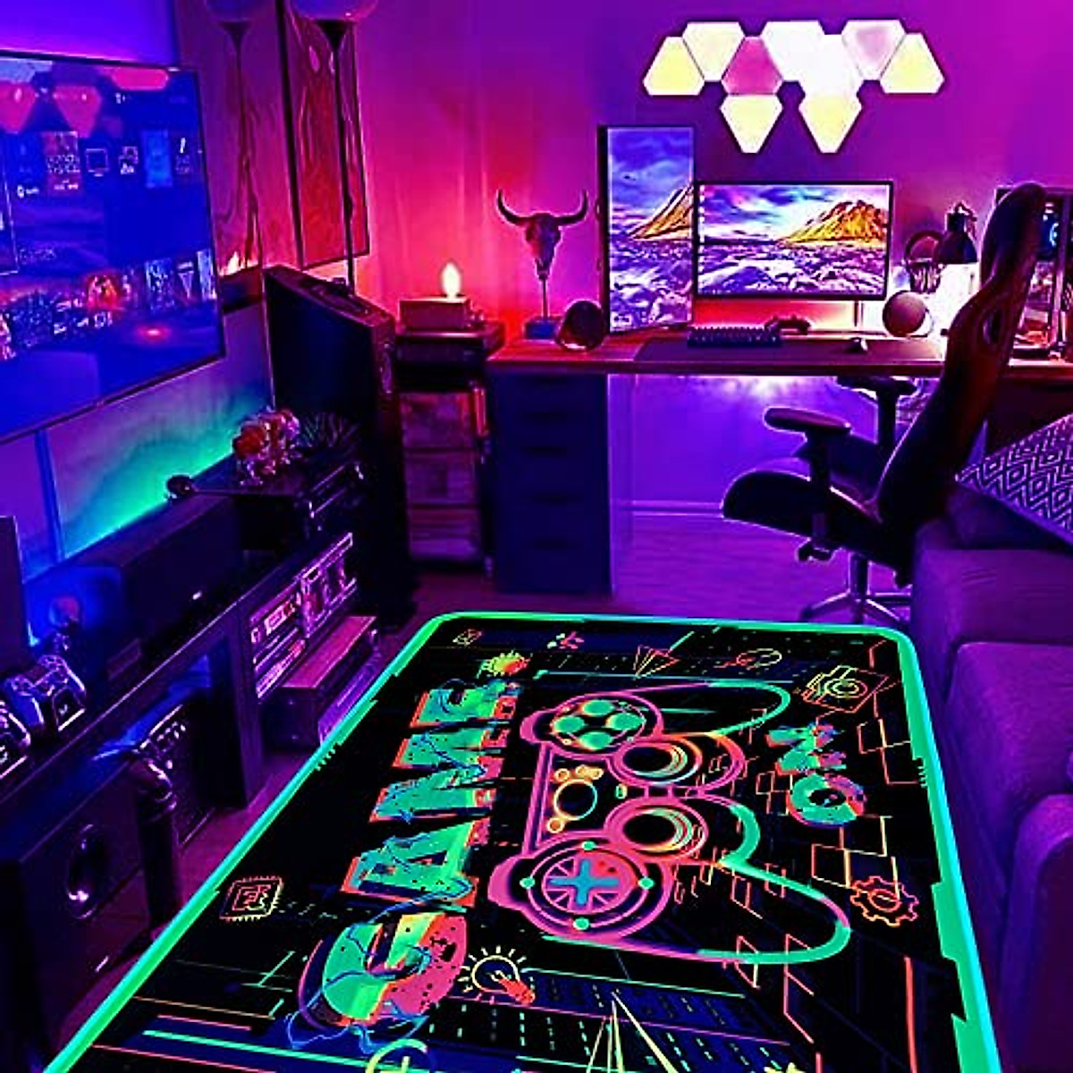 Csivoisw Gamer Area Rug Gaming Rug for Boys Bedroom Blacklight Game Printed Carpet Glow in The Dark Gamer Rug Playroom Large Non-Slip Rug Teen Boys Girls Game Room Floor Mat 60x39 Inch