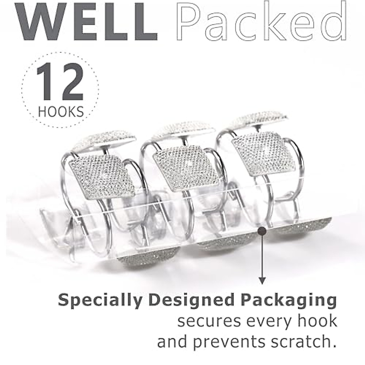 Crystal Shower Curtain Hooks Rings: Bling Glitter Sparkle Shiny Clear Diamond Decorative Shower Curtain Hooks - Luxury Fancy Glam Square Rhinestones Curtain Rings & Hangers for Bathroom - Set of 12