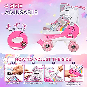 Nattork Girls Roller Skates for Kids Toddler, 4 Sizes Adjustable Rainbow Quad Skates with Light up Wheels,Best Gift for Boys Kids Beginners Indoor Outdoor S