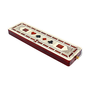 House of Cribbage - 3 Track Continuous Cribbage Board Inlaid in Maple Wood/Bloodwood - Size: 12.5 Inch - Wood Inlaid Card Symbols (Suits) + Storage Drawer for Cribbage Pegs