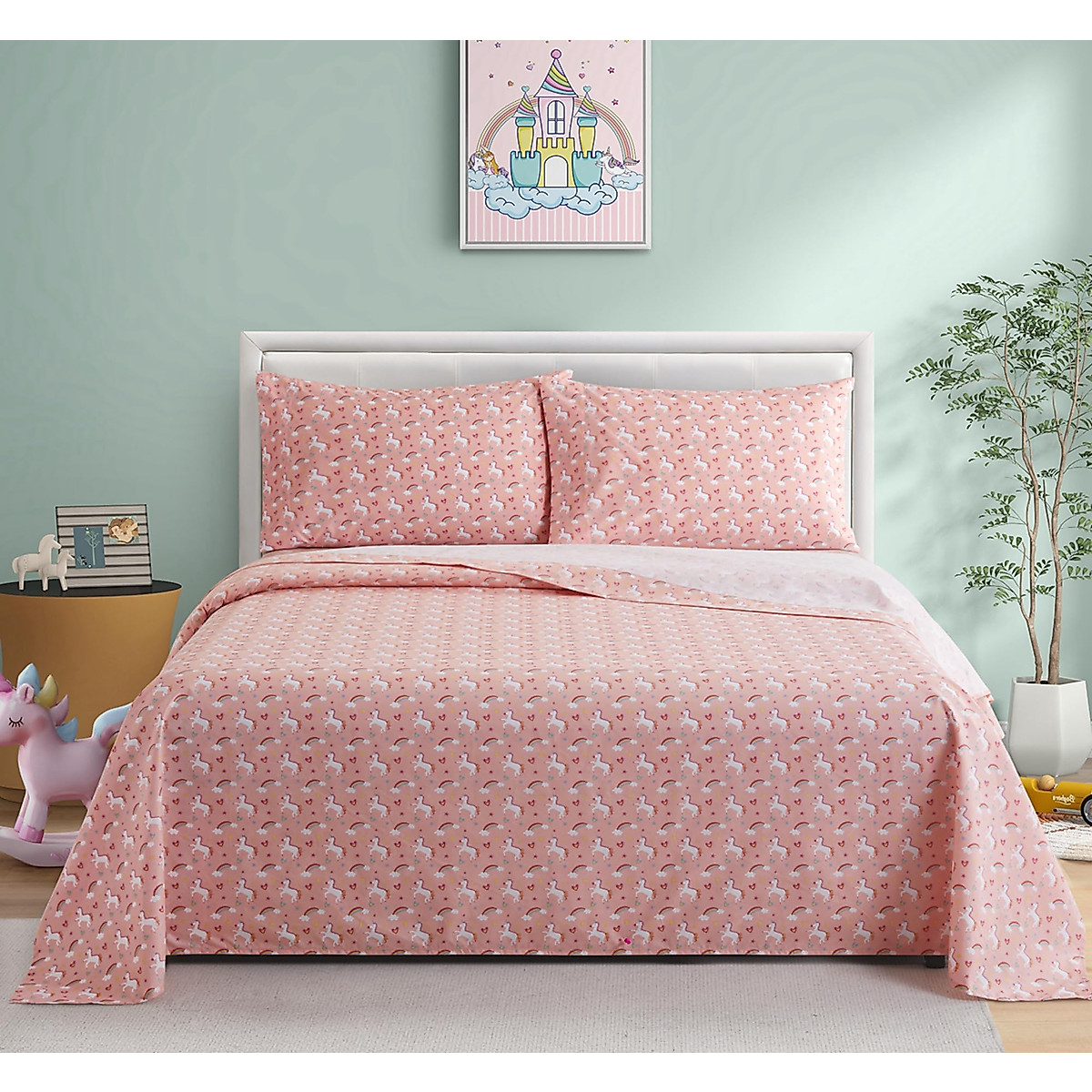 Marina Decoration Kids Girls Toddlers Cute Printed 600 Thread Count Soft Deep Pocket Cotton Blend Percale All Season 3 Pieces Bedding Sheet Set, Pink Unicorn Rainbow Pattern Twin/Single Size