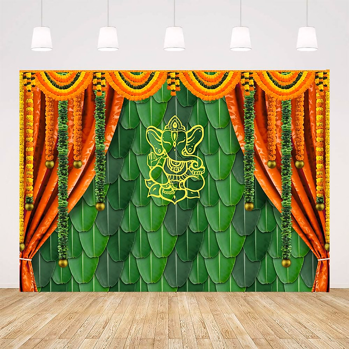 Ticuenicoa 6x4ft India Pooja Traditional Photography Backdrop Banana Leaf Green Chatiya Ganesh Background Puja Ganpati Pooja Mehndi backdrops Decorations Wedding Party Marigold Garlands Photo Props