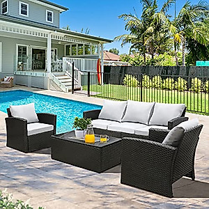 Green4ever Wicker Patio Furniture Set,4 Pieces Outdoor Conversation Set with Tempered Glass Coffee Table and Thick Cushion, Rattan Couch Sofa Armchair Seat for Garden Backyard, Grey