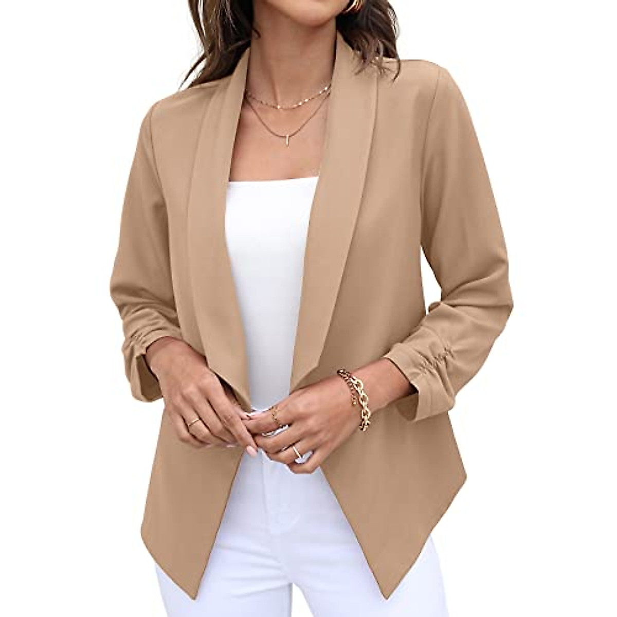 GRECERELLE Women's Office Blazer Jackets Long Sleeve Open Front Cardigan Casual Cropped Blazer Work for Women Khaki-10